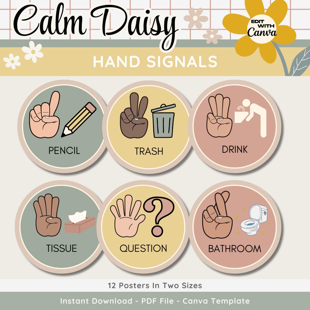 Boho Classroom Hand Signals Poster: Calm Daisy Decor (canva Template ...
