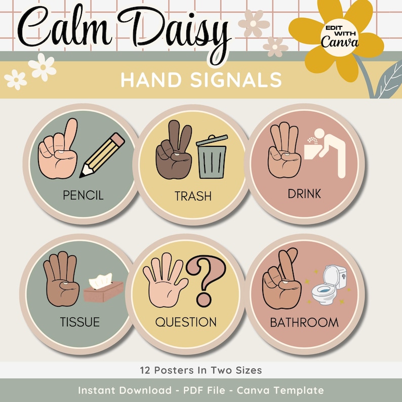 Boho Classroom Hand Signals Poster: Calm Daisy Decor (canva Template ...