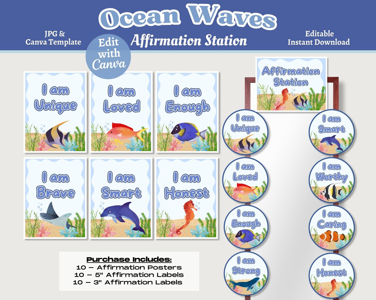 Ocean Theme Affirmation Station, Printable & Editable Affirmation ...