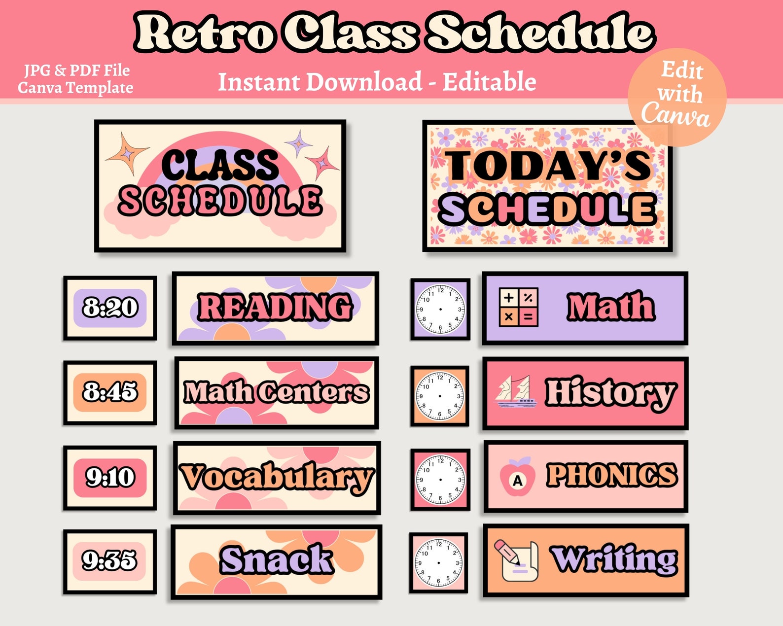 Retro Class Schedule Bundle, Editable Classroom Schedule Display ...