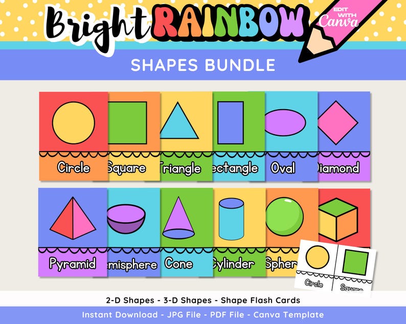 Bright Rainbow Shapes Bundle, Editable Rainbow 2D & 3D Shape Posters ...