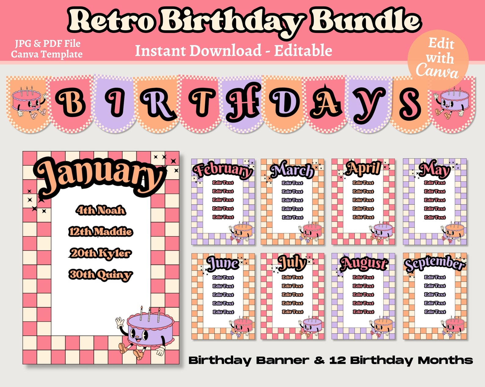 Retro Birthday Bundle, Editable Classroom Birthdays Display, Printable ...
