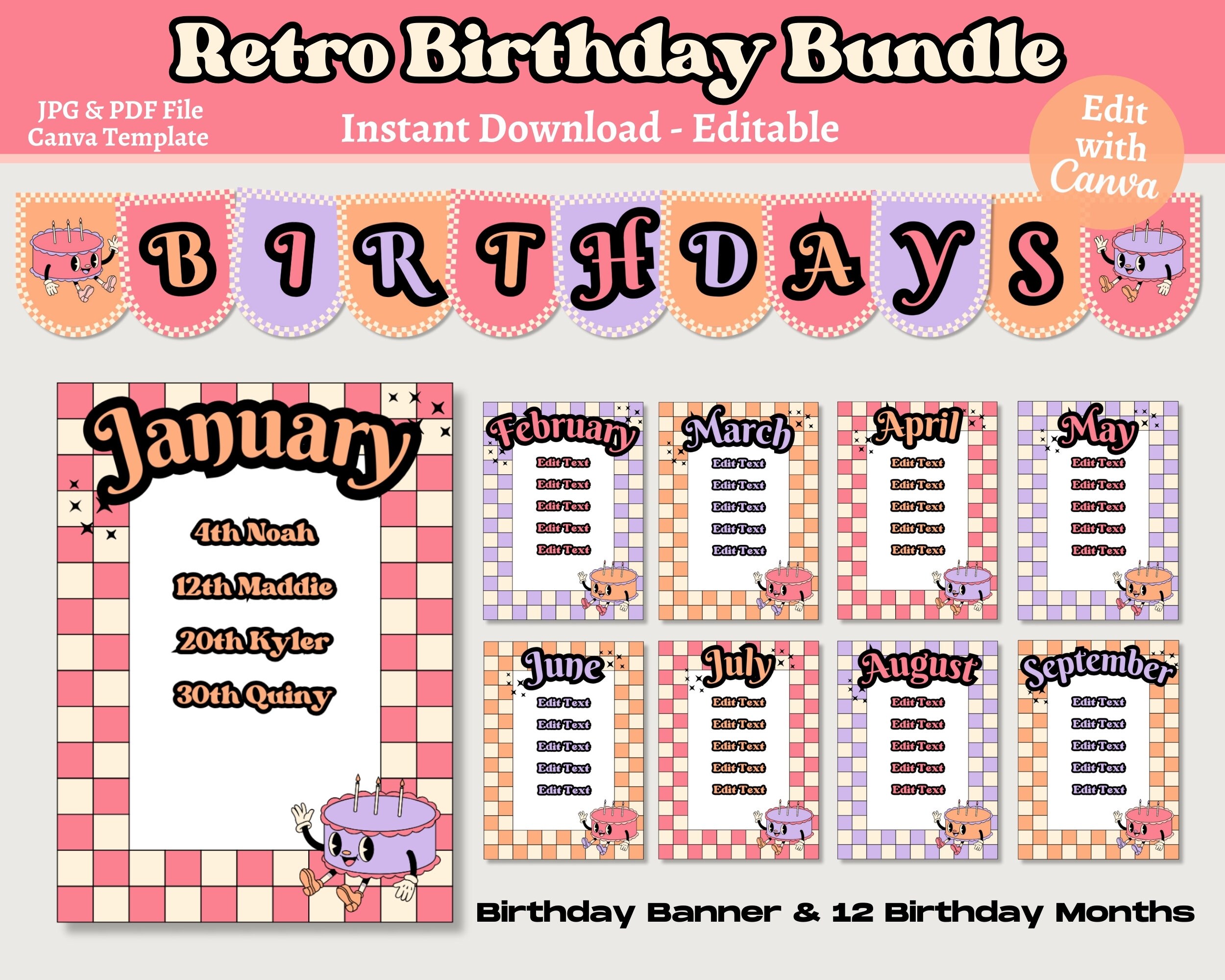 Retro Birthday Bundle, Editable Classroom Birthdays Display, Printable ...