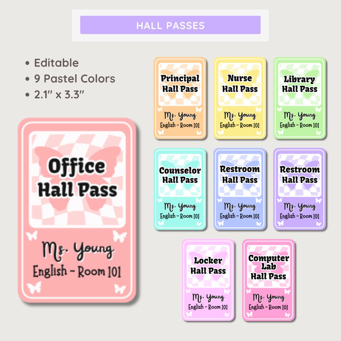 Classroom Hall Passes, Printable Editable Restroom Passes, Butterfly ...