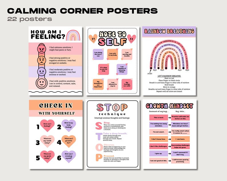 Calming Corner Posters, Kids Breathing Techniques, Printable & Editable ...
