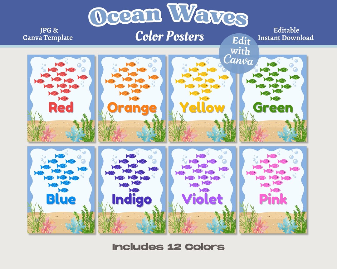 Ocean Theme Color Posters, Printable & Editable Classroom Color Posters ...