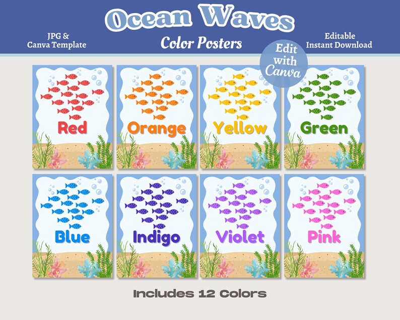 Ocean Theme Color Posters, Printable & Editable Classroom Color Posters ...
