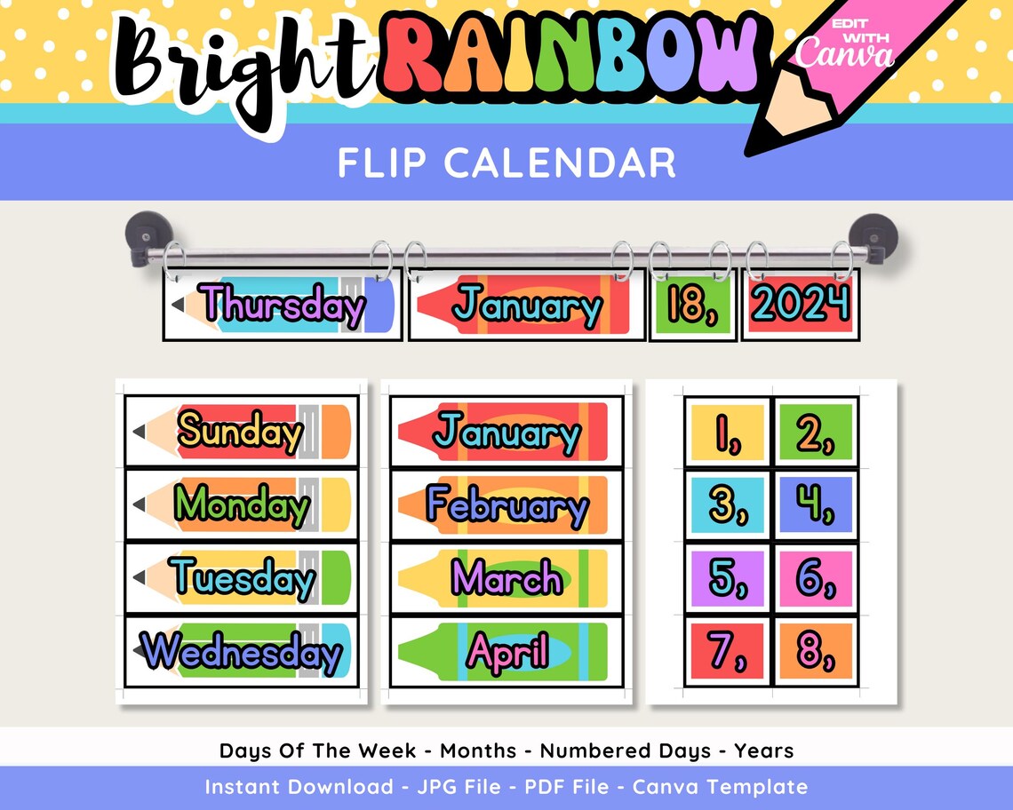 Bright Rainbow Flip Calendar, Editable Classroom Calendar, Kindergarten ...