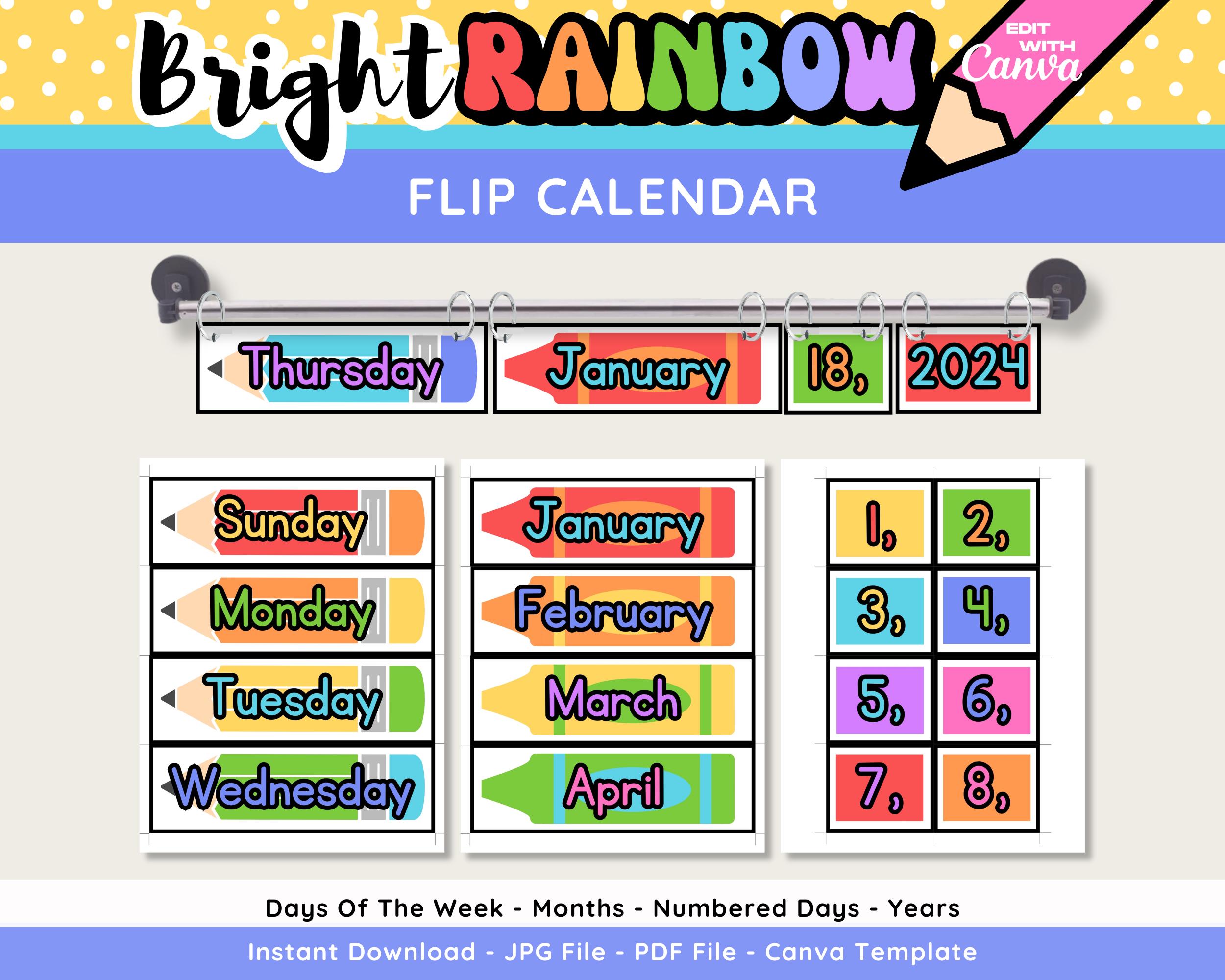 Bright Rainbow Flip Calendar, Editable Classroom Calendar, Kindergarten ...