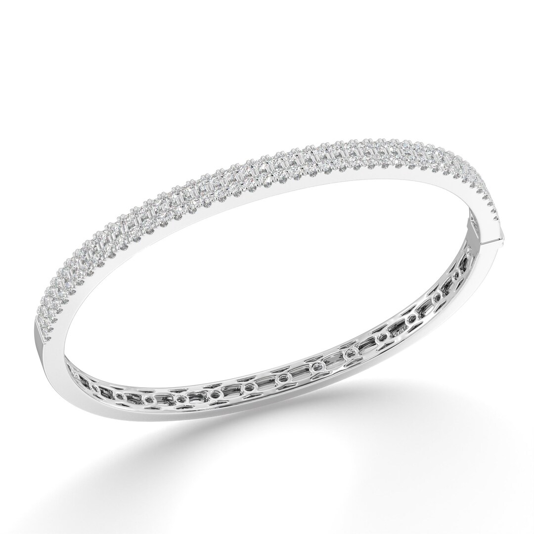 14K Gold Natural Diamond Two Row Solid Bangle Bracelet - Etsy