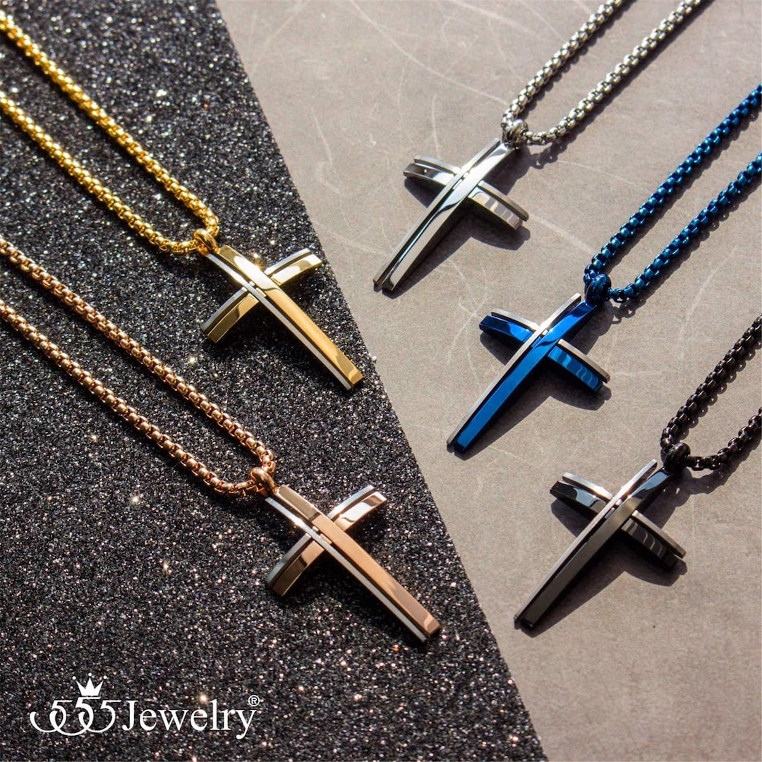 555jewelry Grooved Stainless Steel Cross Necklace for Men and Women 16 ...