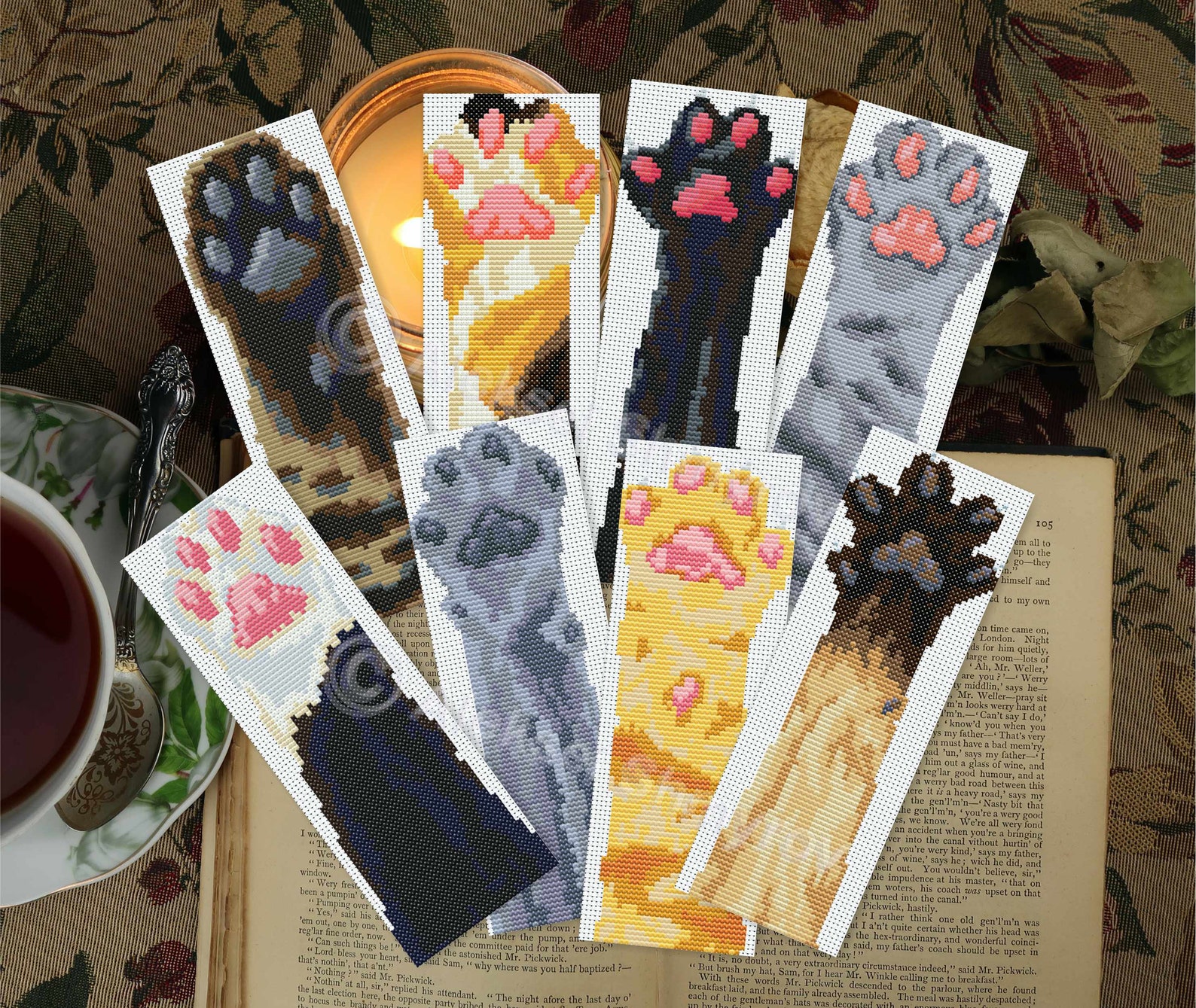 Set of 8 Cat Paws Bookmarks Cross Stitch Pattern, Funny Cross Stitch ...