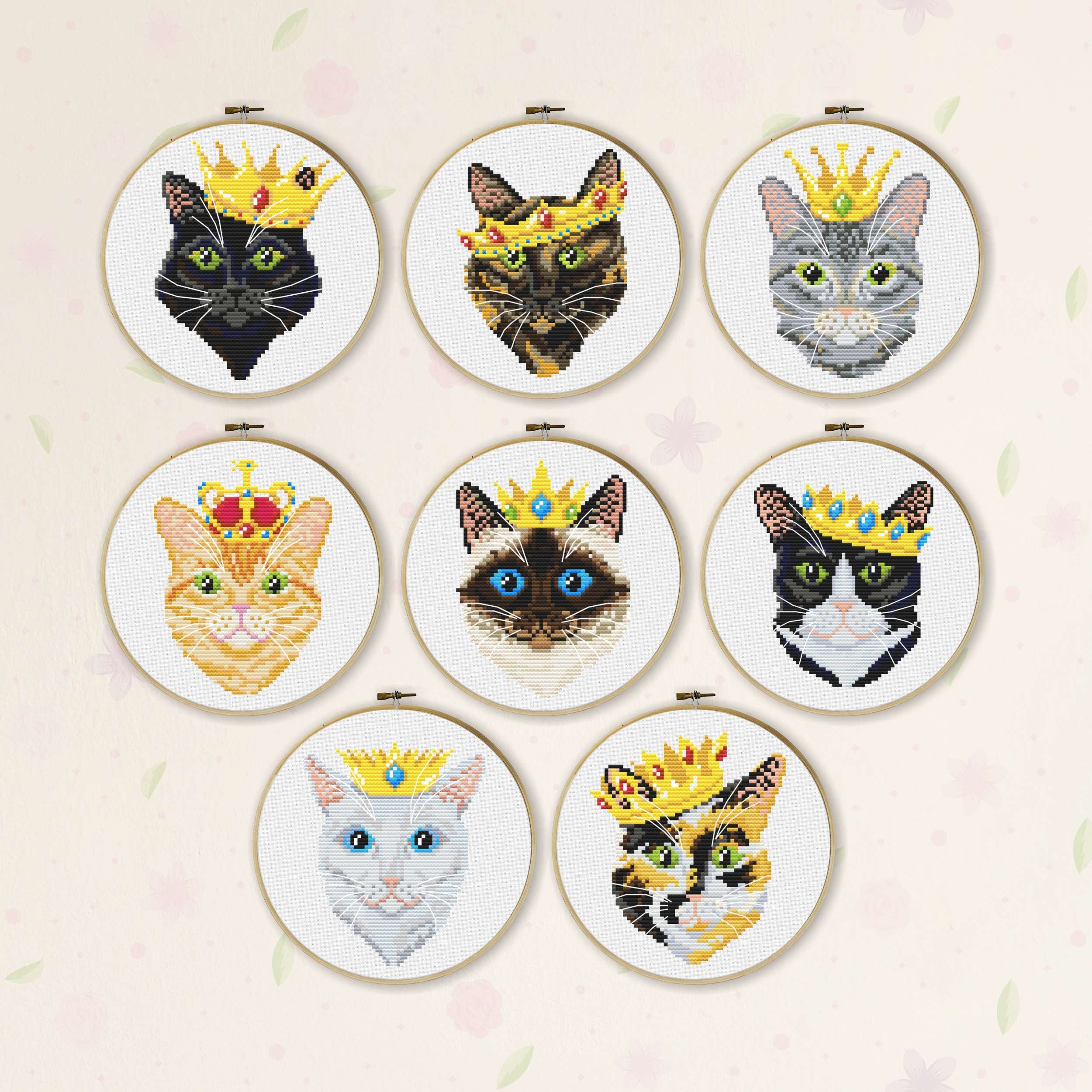 Crowned Cats Tiny Cross Stitch Patterns Set, Funny Cross Stitch, Cat ...