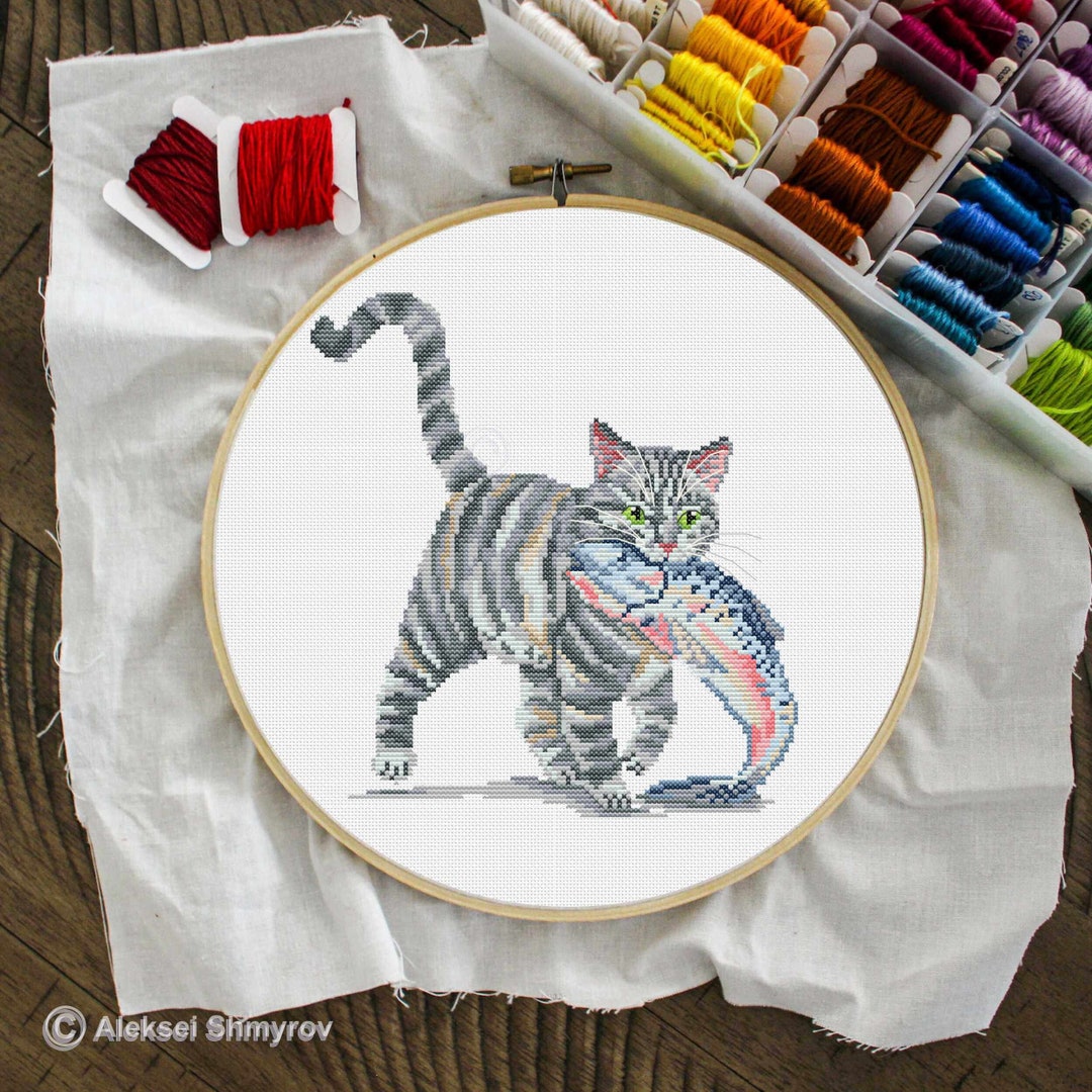 Tabby Cat and Fish Cross Stitch Patterns Set, Funny Cross Stitch, Cat ...