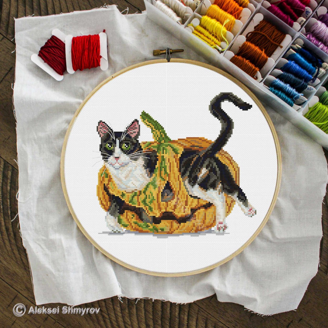 Tuxedo Cat in Pumpkin Cross Stitch Pattern |funny Cat Embroidery Design |cat Lover Gift ...