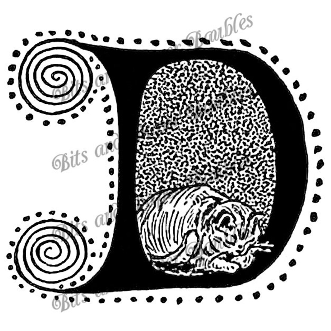 Fancy First Letter D With Sleeping Cat Kitten Black and White Clip Art ...