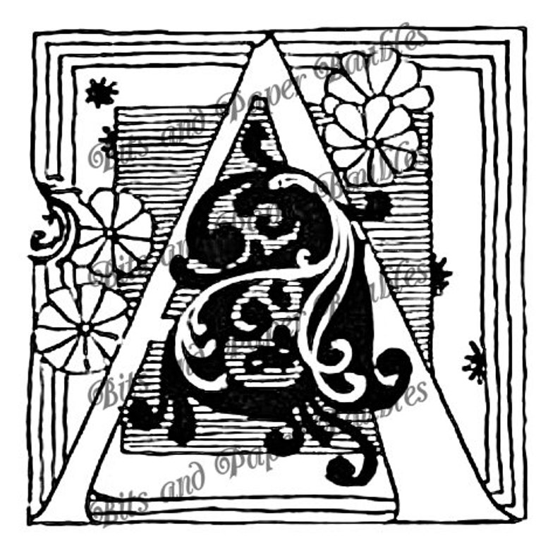 Fancy First Letter A Black and White Clip Art Antique Vintage ...