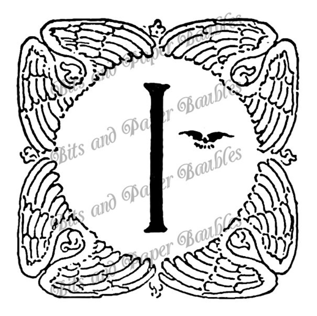 Fancy First Letter I Birds Wings Black and White Clip Art Antique ...