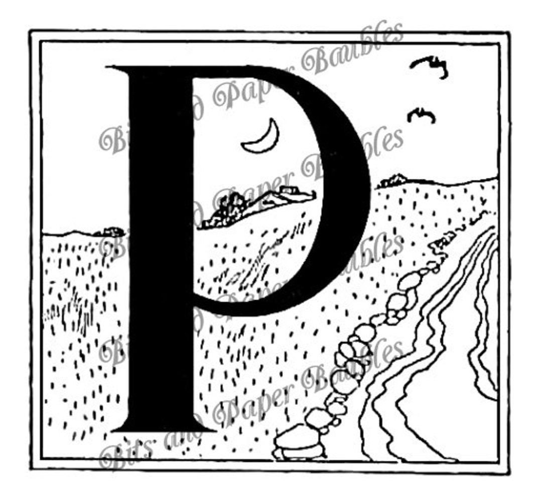 Fancy First Letter P With House Moon Creek Black and White Clip Art ...