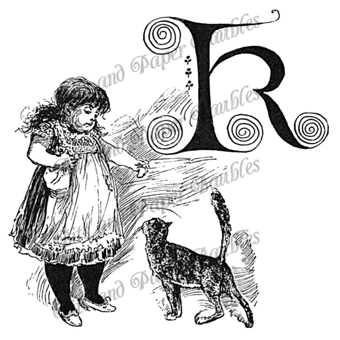 Fancy First Letter K Little Girl Cat Kitten Black and White Clip Art ...