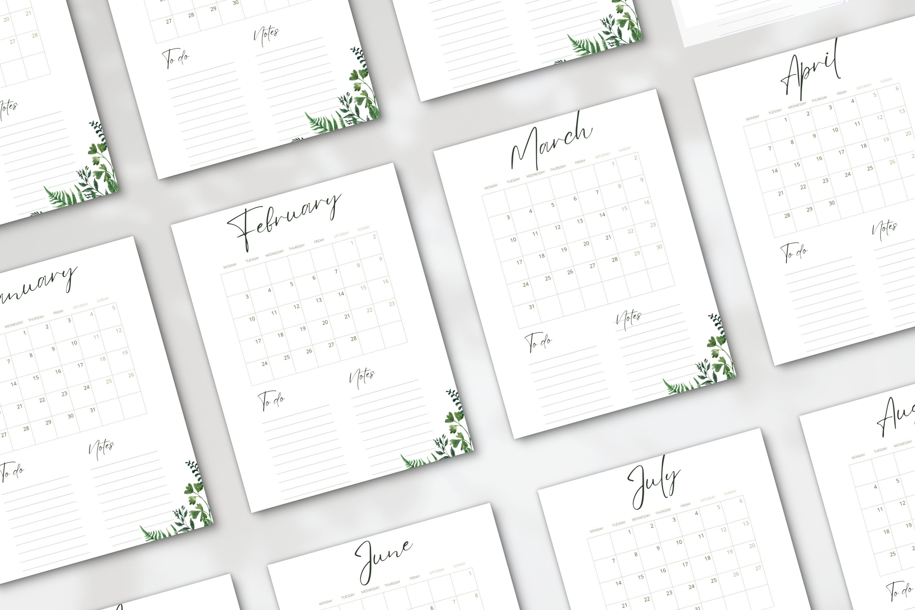 Printable 2025 Green Leaf Calendar • Monday Start Monthly Calendar ...