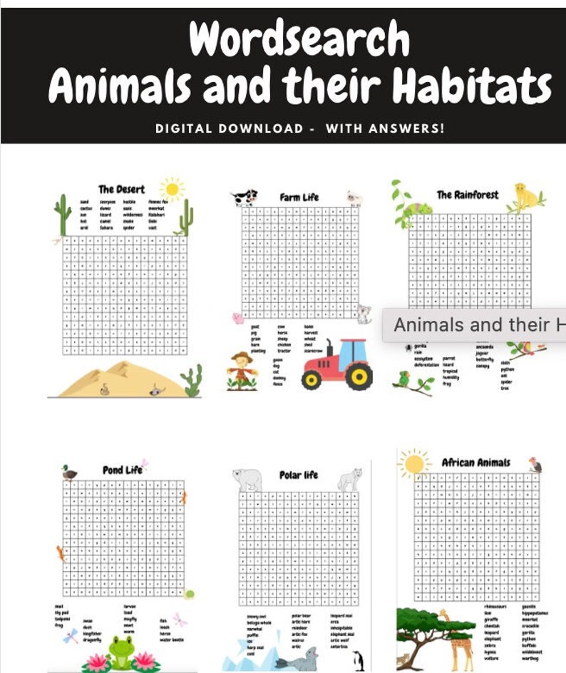 Animals and Their Habitats Wordsearch Puzzles - Etsy