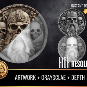 Bas Relief Viking Skull Bundle of 5 Pngs Depth Map for Laser Engraving ...