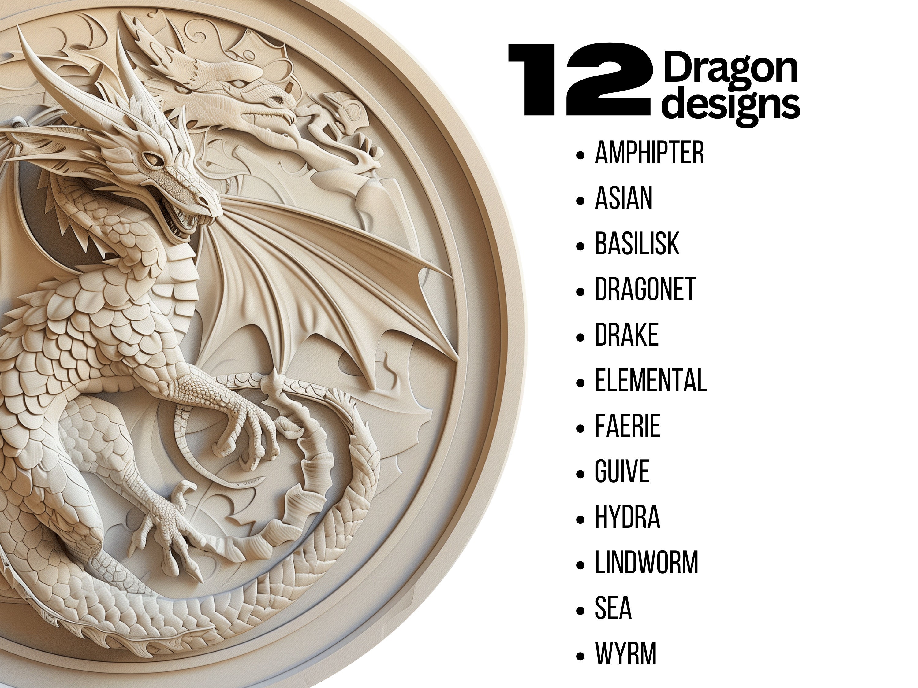 Bas Relief Dragon Bundle of 12 High RES Pngs Depth Map for Laser ...