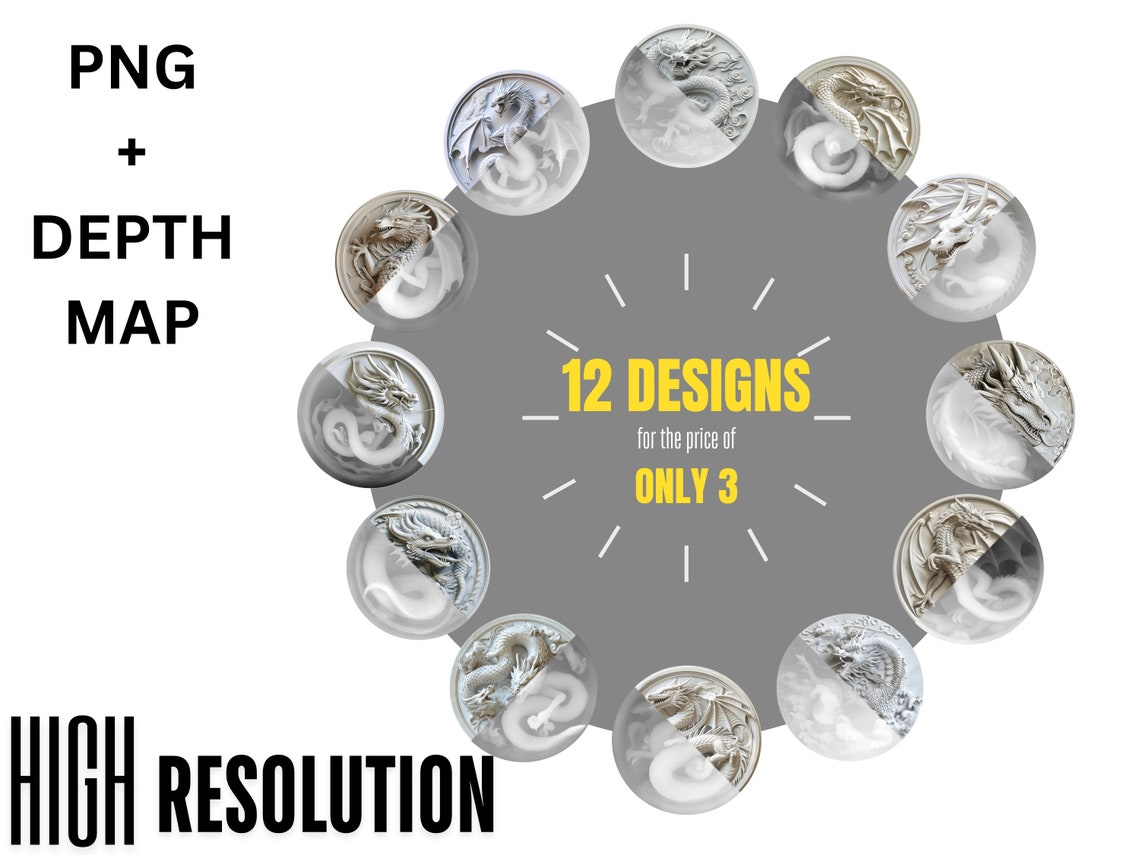 Bas Relief Dragon Bundle of 12 High RES Pngs Depth Map for Laser ...