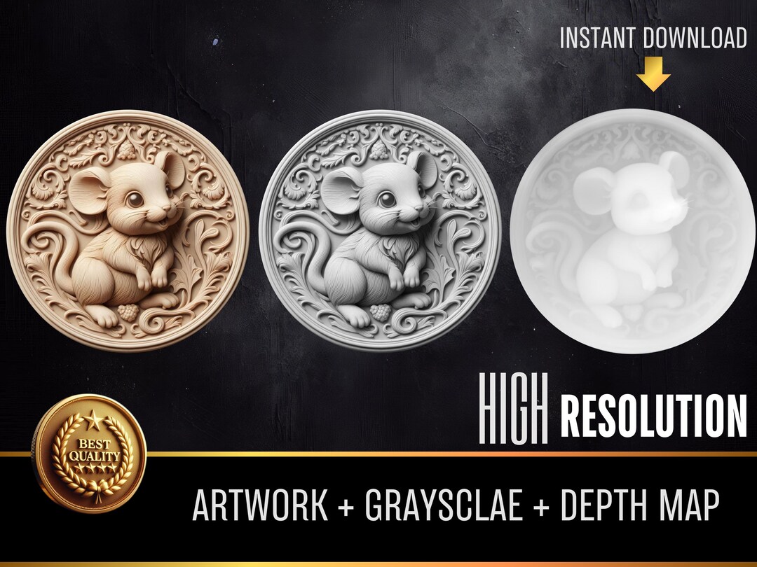 Cute Mouse Laser PNG Coin Design for 3d Laser Engraving With Height Map ...