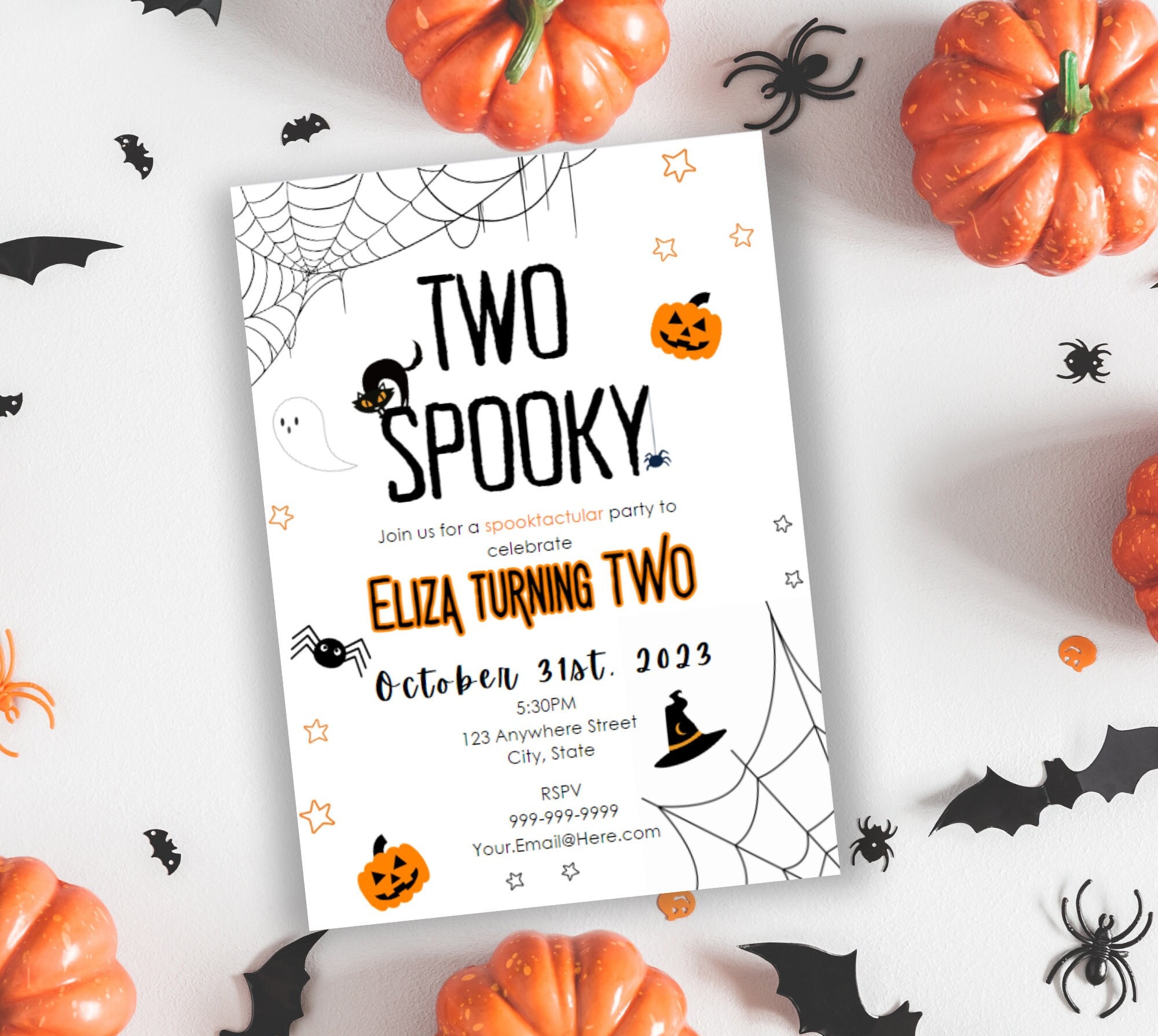 Two Spooky Invitation, 2nd Birthday Invitation, 5x7 Birthday Invitation ...