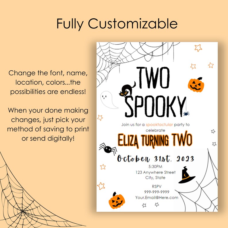 Two Spooky Invitation, 2nd Birthday Invitation, 5x7 Birthday Invitation ...