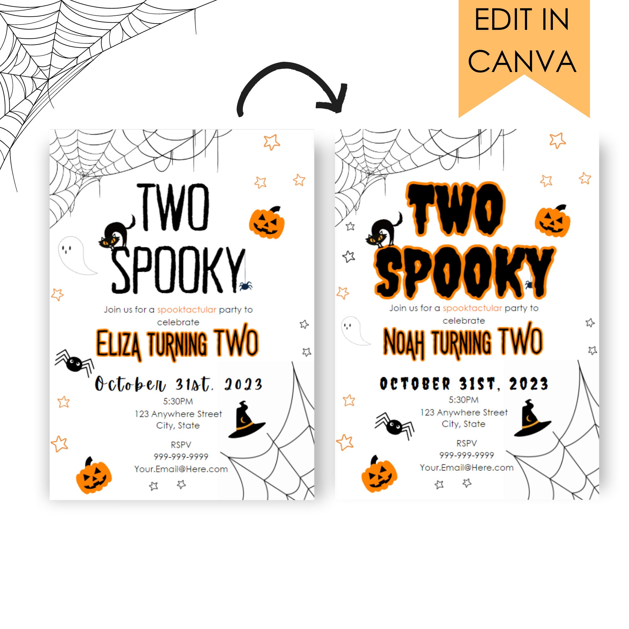 Two Spooky Invitation, 2nd Birthday Invitation, 5x7 Birthday Invitation ...