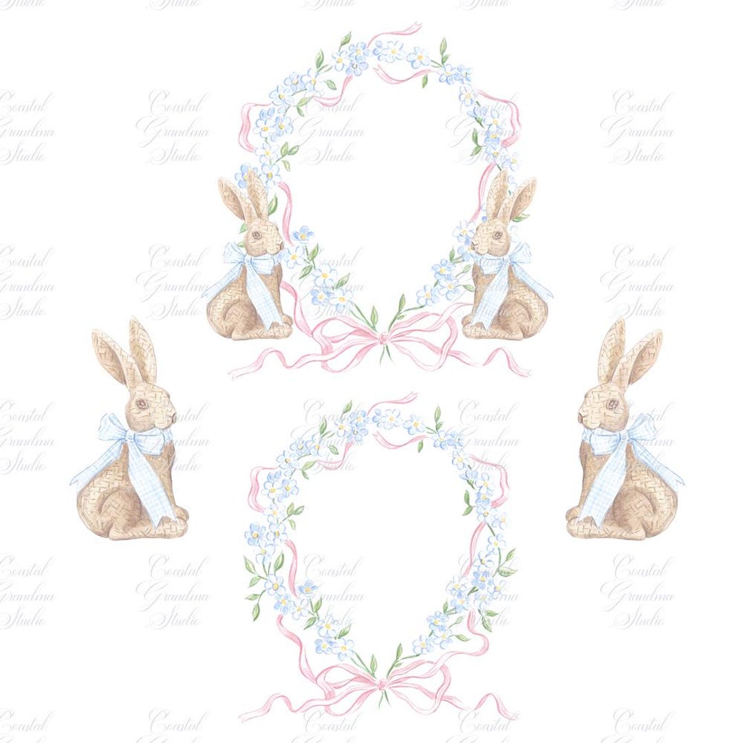 Grand Millennial Easter Floral Bunny Rabbit Clip Art // Ribbons and ...