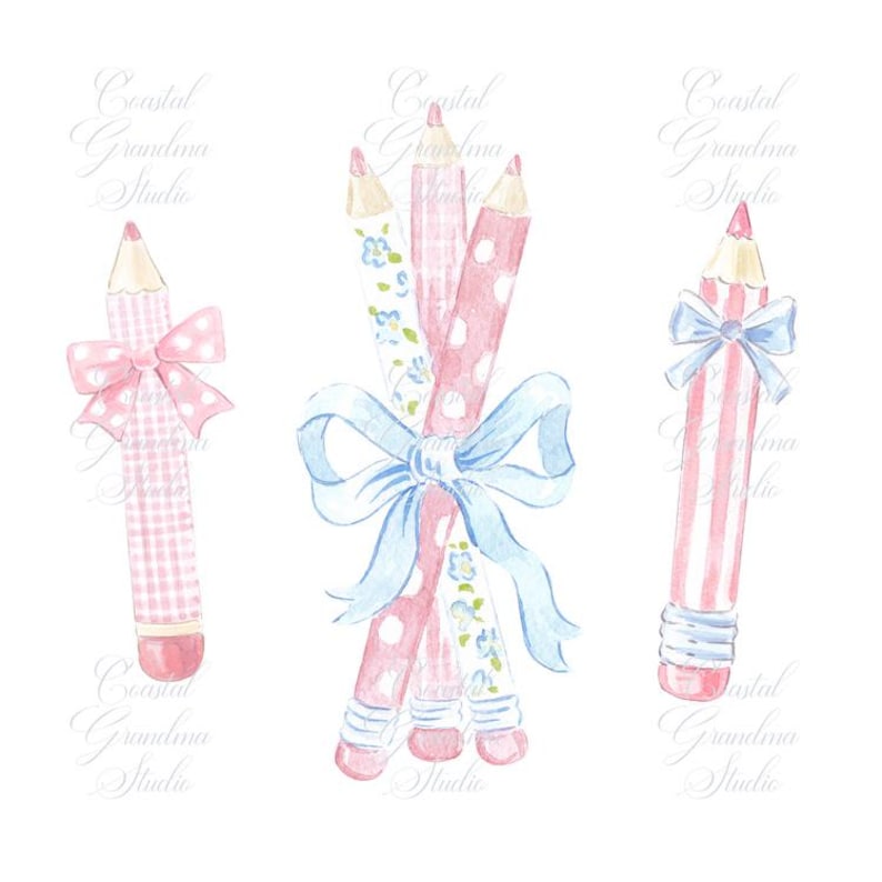 Watercolor Pencil Clipart: Pink Preppy School Supplies (digital ...