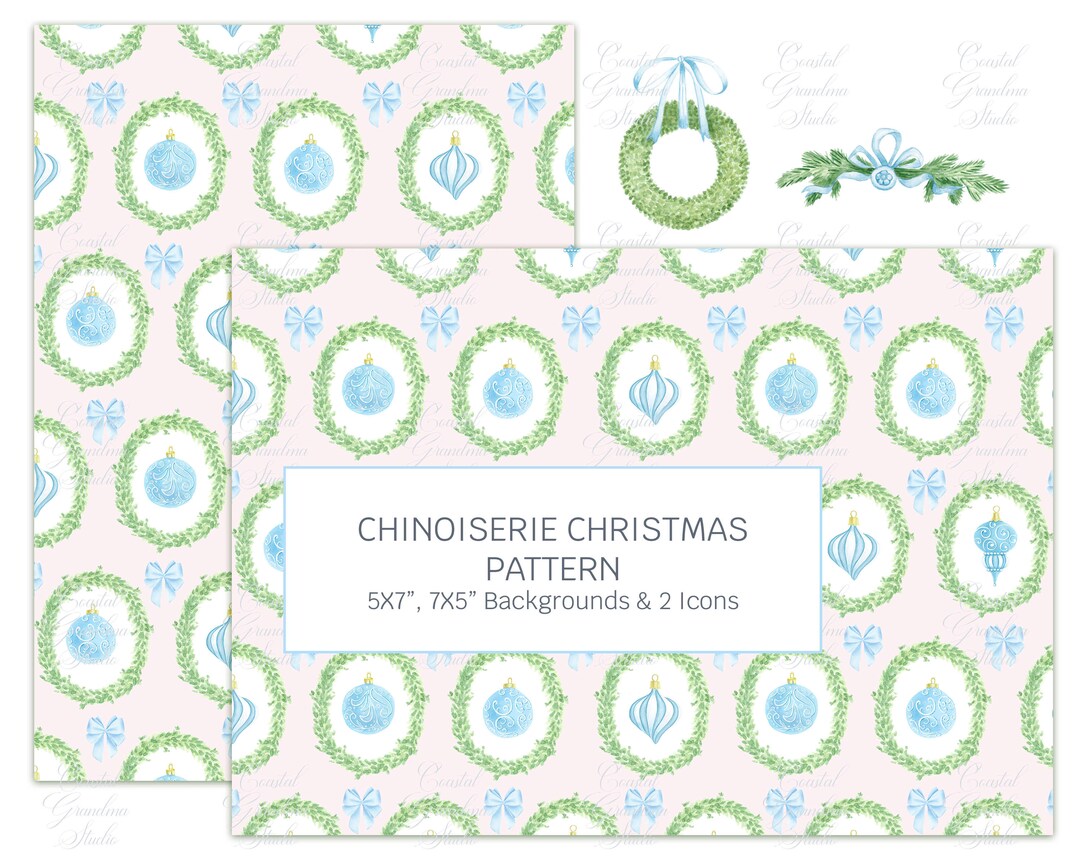 Blue Chinoiserie Christmas Bows & Garland Ribbon Repeating Pattern ...