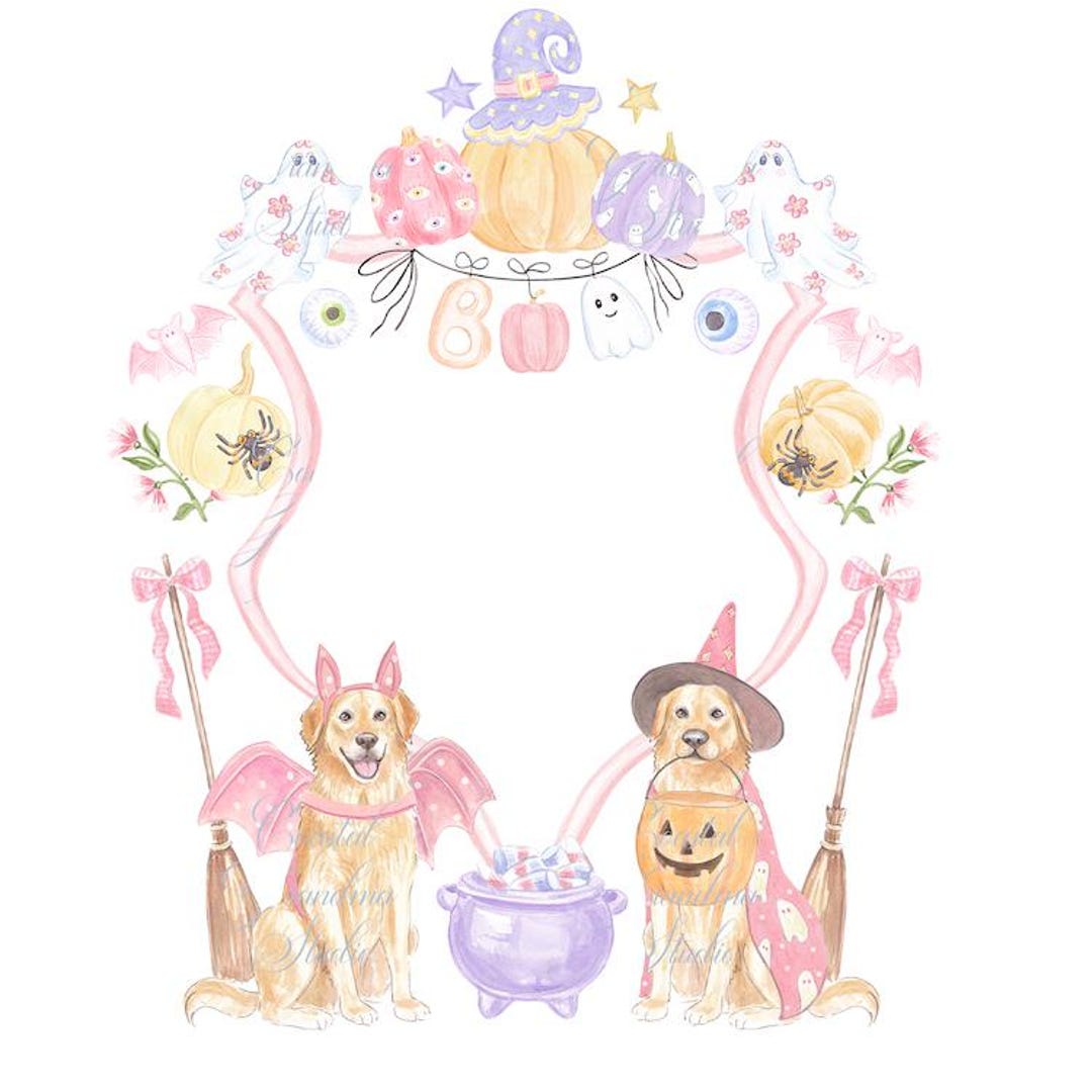 Golden Retriever Halloween Clip Art: Pumpkin Frame Crest (PNG Digital ...