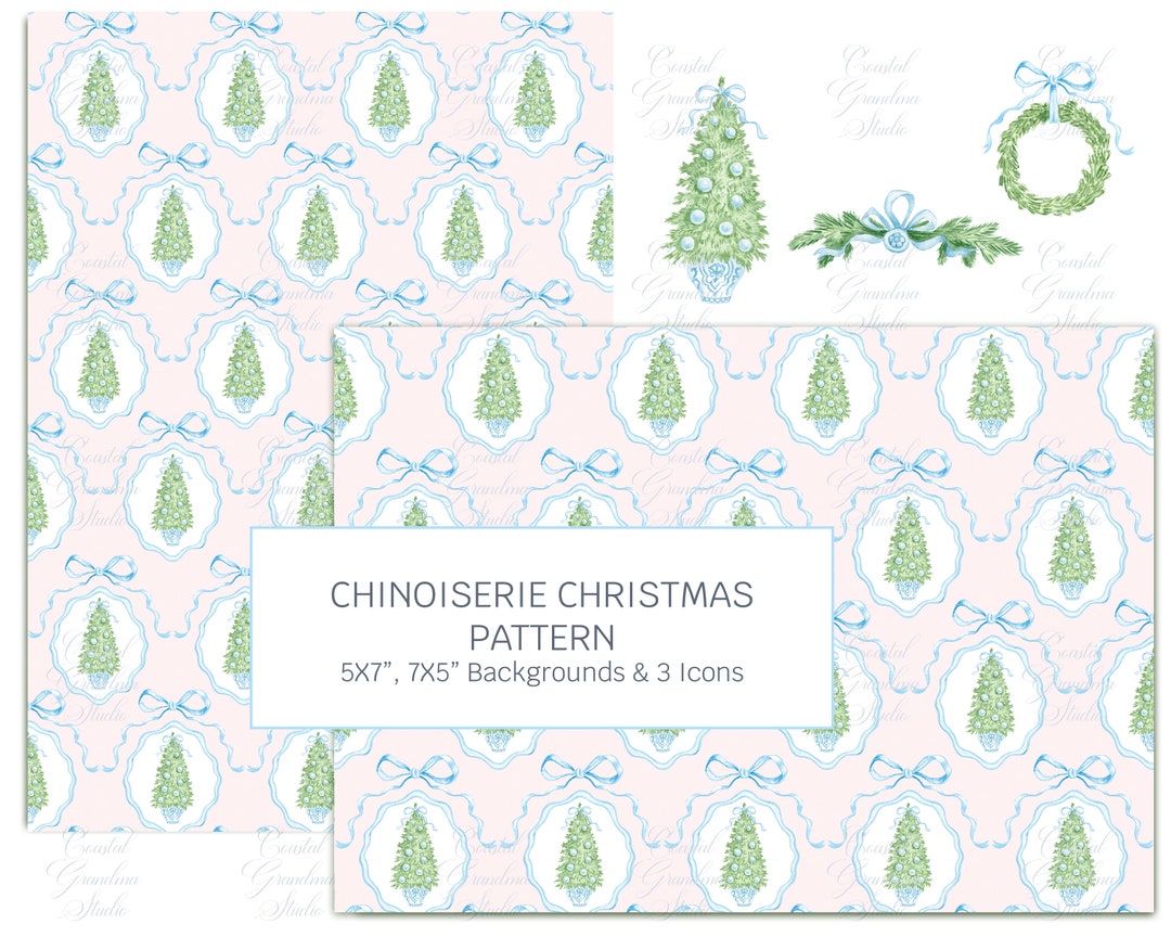 Blue Chinoiserie Christmas Bows & Garland Ribbon Repeating Pattern ...