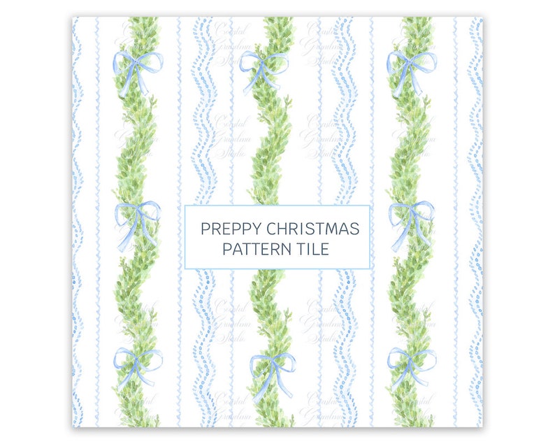 Preppy Christmas Bows & Garland Ribbon Repeating Tile Pattern //blue ...