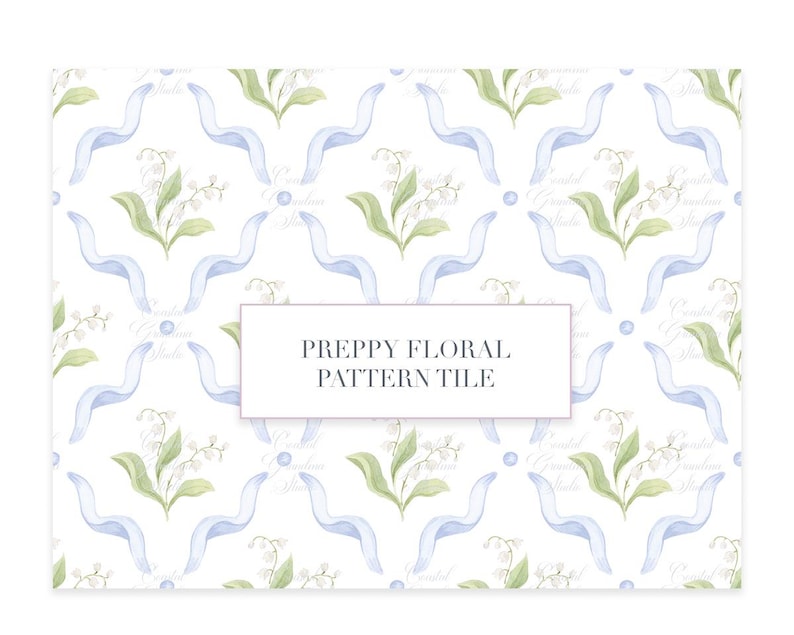 Preppy Lilly of the Valley Floral Bow Seamless Tile Pattern, Blue Bow Coquette Pattern Design ...