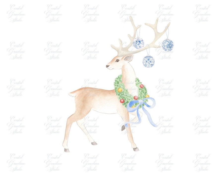 Christmas Chinoiserie Clipart // Preppy // Blue and White Reindeer ...