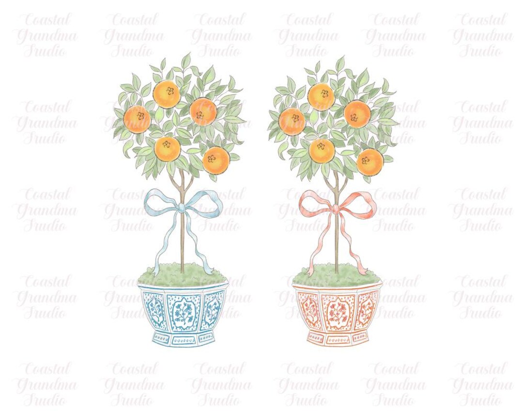 Christmas Chinoiserie Orange Tree Topiary Clip Art: Blue & White Ginger ...