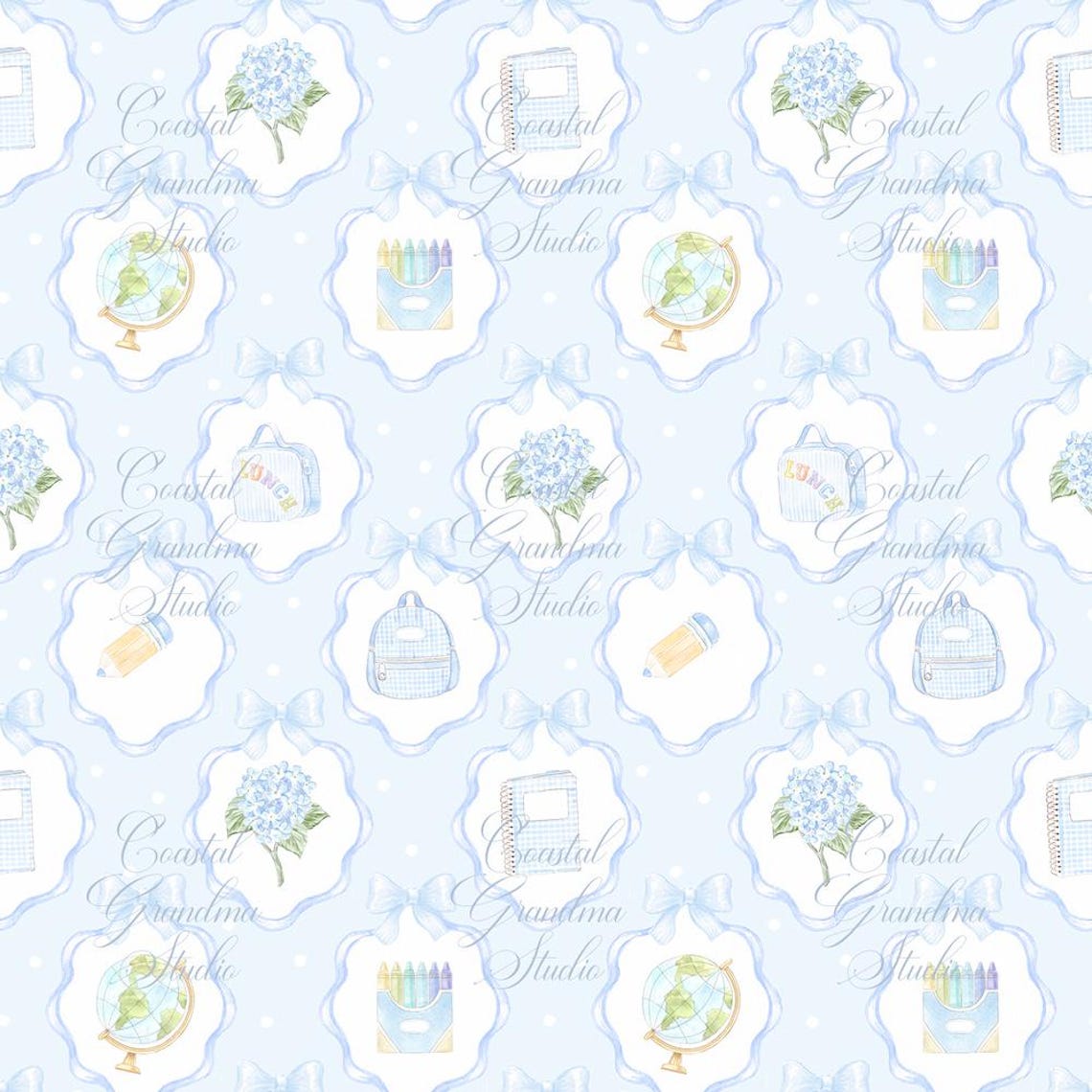 Preppy School Watercolor Pattern: Baby Blue Fabric (digital Download ...