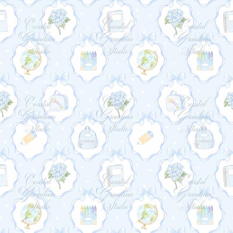 Preppy School Watercolor Pattern: Baby Blue Fabric (digital Download ...