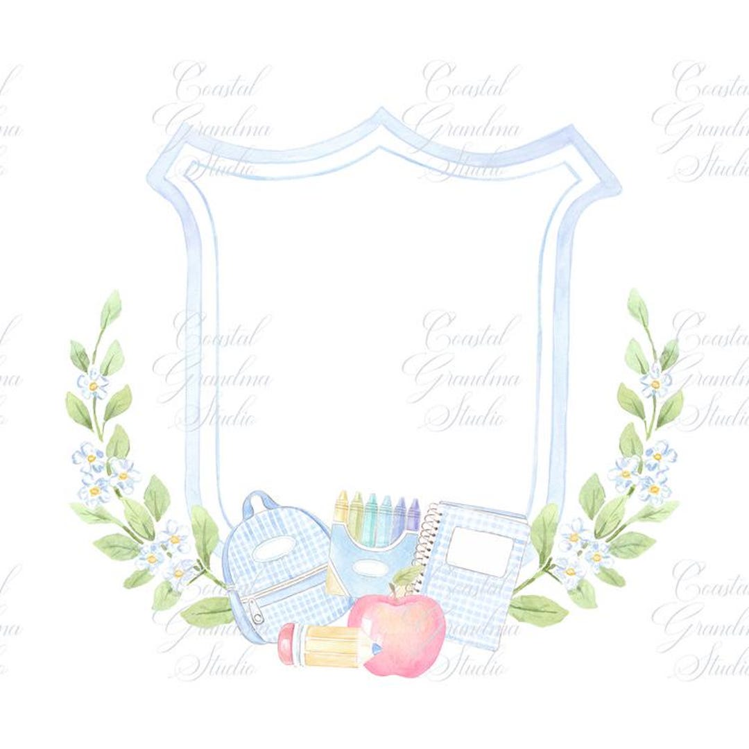 Back to School Watercolor Crest // Watercolor Clipart// Preppy School ...