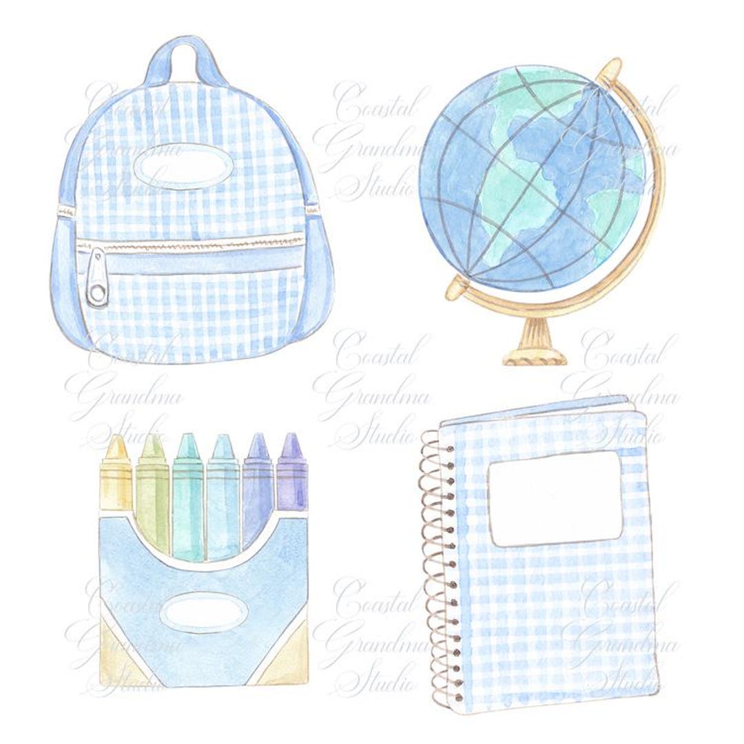 Watercolor Back to School Clipart: Blue Backpack, Globe (digital ...