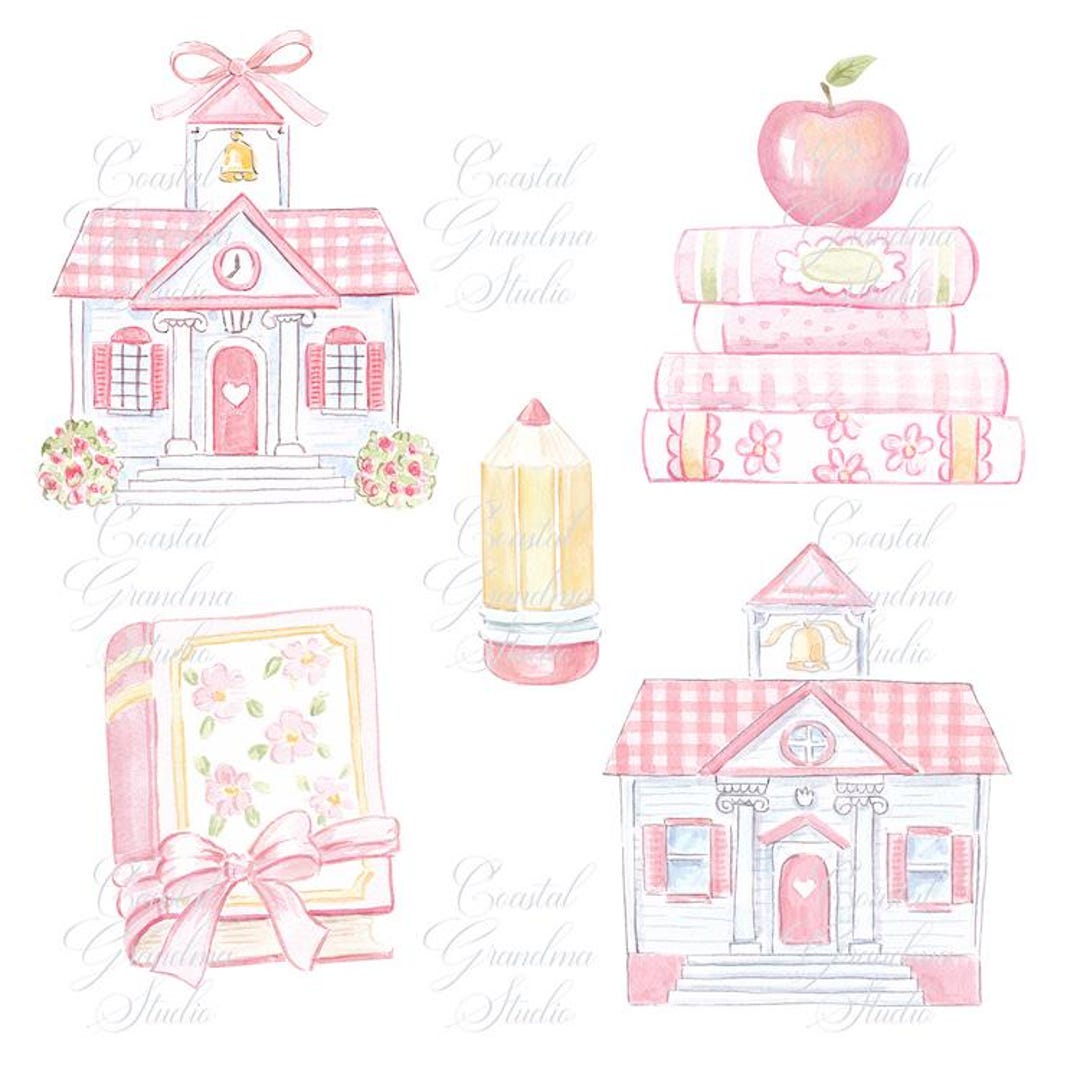 Watercolor School Clip Art: Pink Schoolhouse, Books (digital Download ...