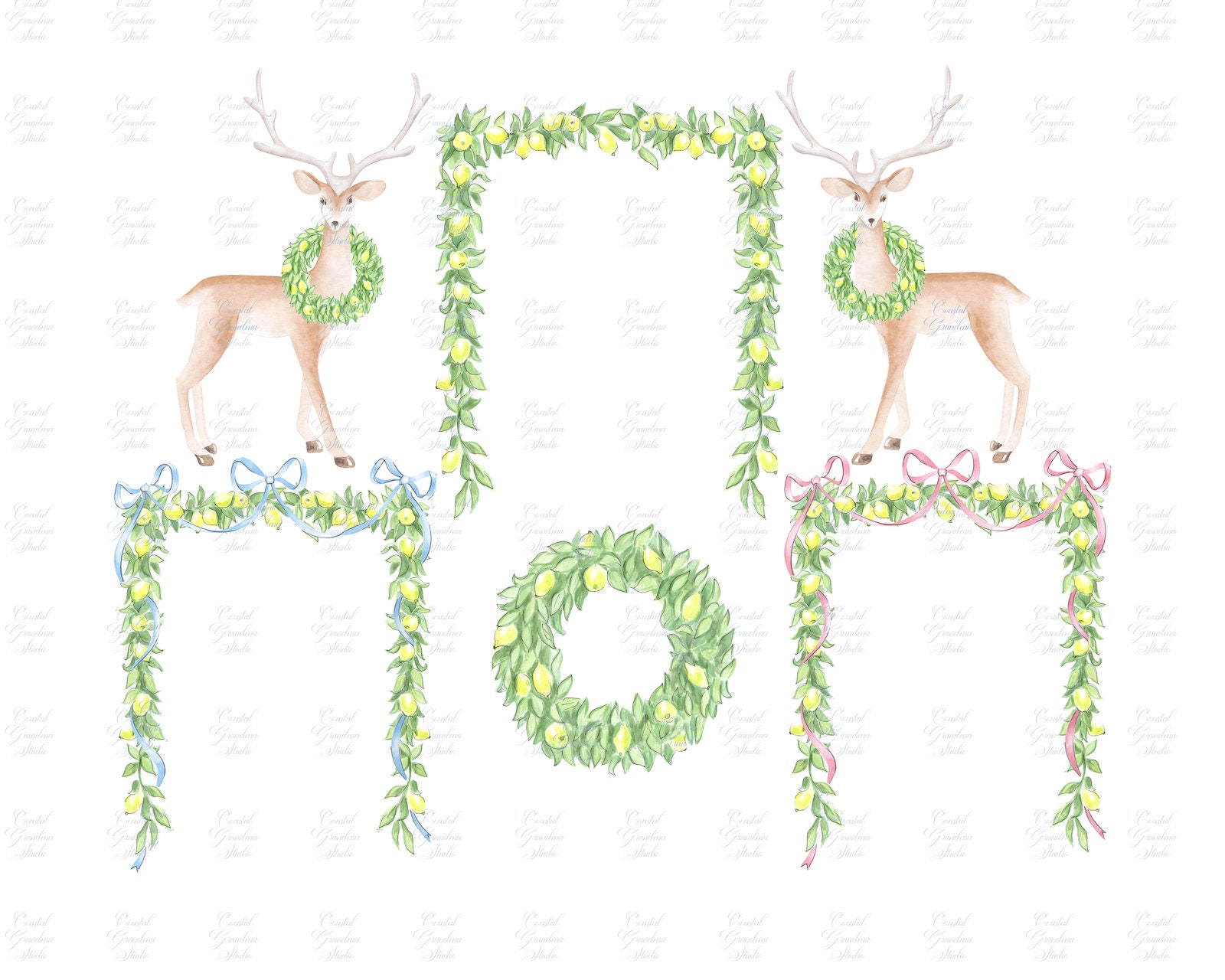 Christmas Clipart: Blue Ribbon, Lemon Wreath, Reindeer (PNG Digital ...