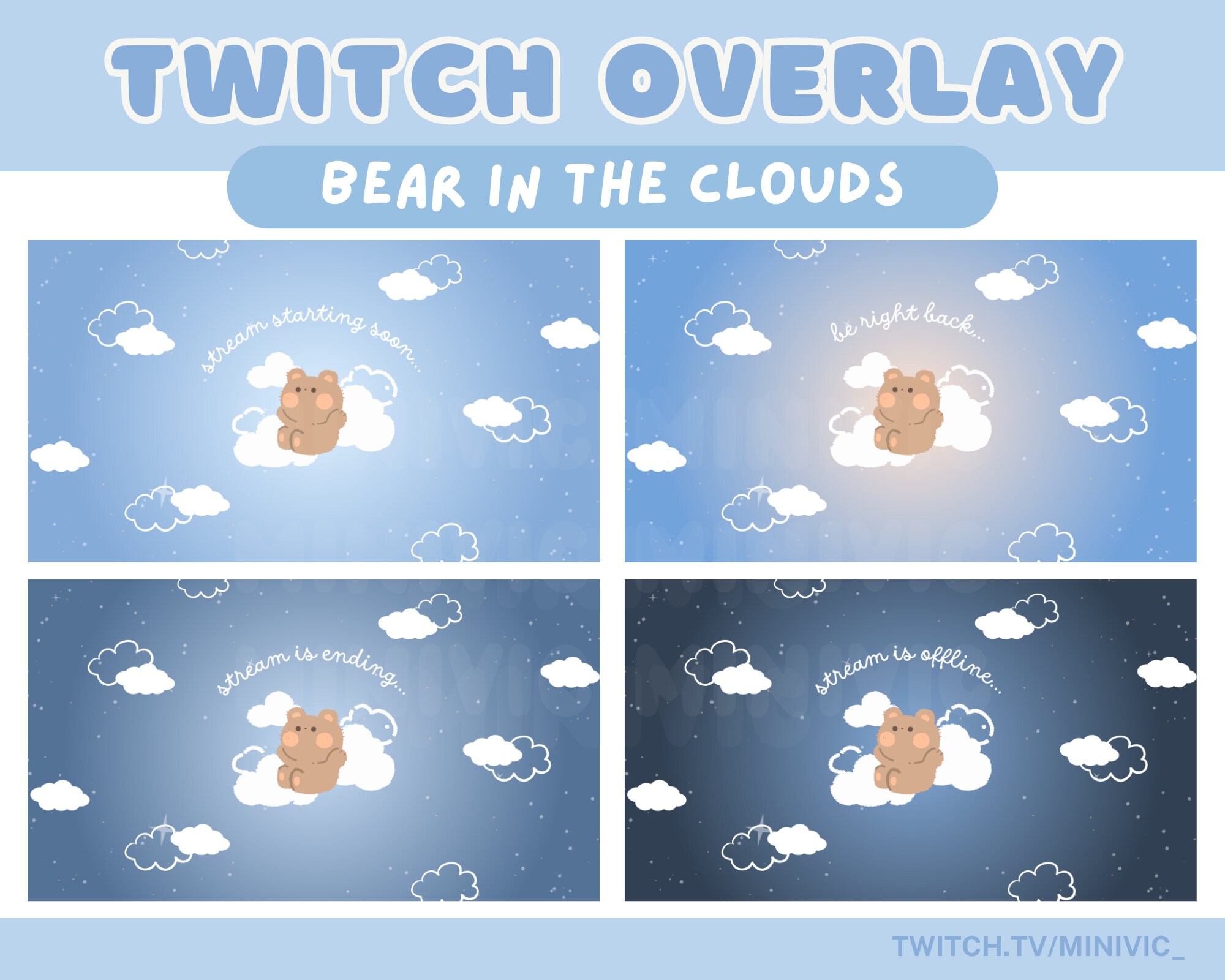 Animated Cute Blue Bear in the Clouds Twitch Overlay Screens for Stream ...