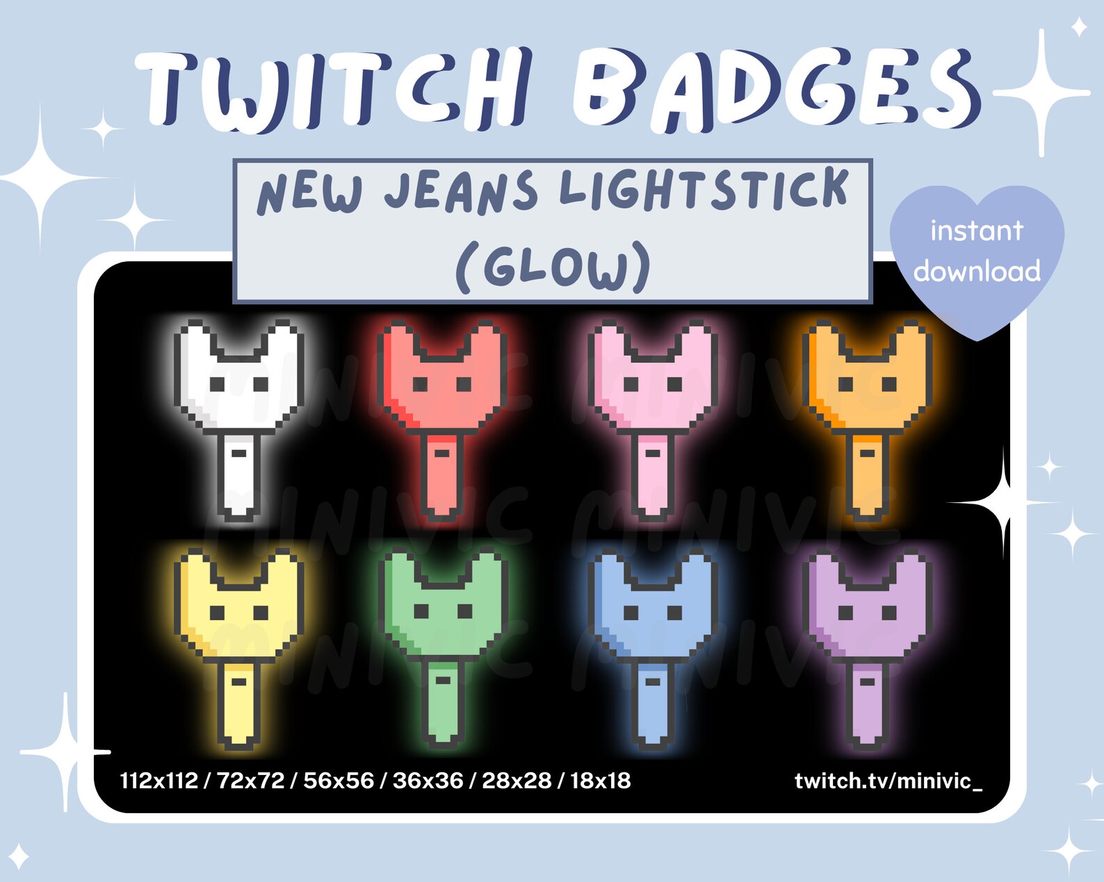 Pixel Art New Jeans Binky Lightstick GLOW Ver. Pack 8 Badges Twitch Sub ...